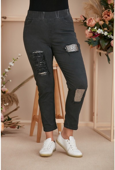 Rmg Beli Lastikli Pulpayet ve Yırtık Detaylı Büyük Beden Füme Pantolon Rmg Beli Lastikli Pulpayet ve Yırtık Detaylı Büyük Beden Füme Pantolon