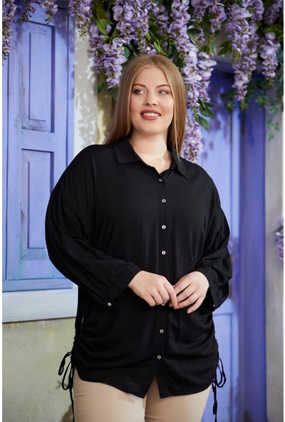 Rmg Yanları Büzgülü Büyük Beden Siyah Gömlek