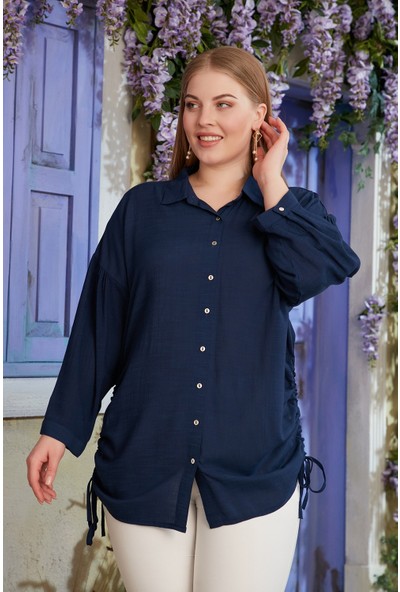 Rmg Yanları Büzgülü Büyük Beden Lacivert Gömlek