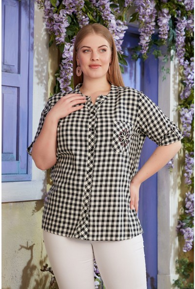 Rmg Cep Nakış Detaylı Kareli Büyük Beden Siyah Gömlek