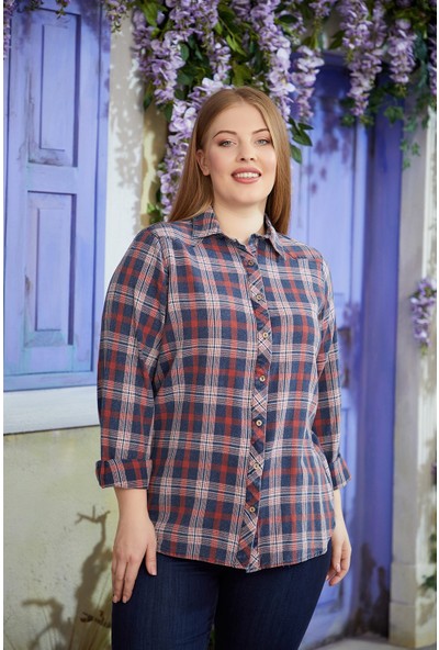 Rmg Ekose Büyük Beden Lacivert Pamuk Gömlek