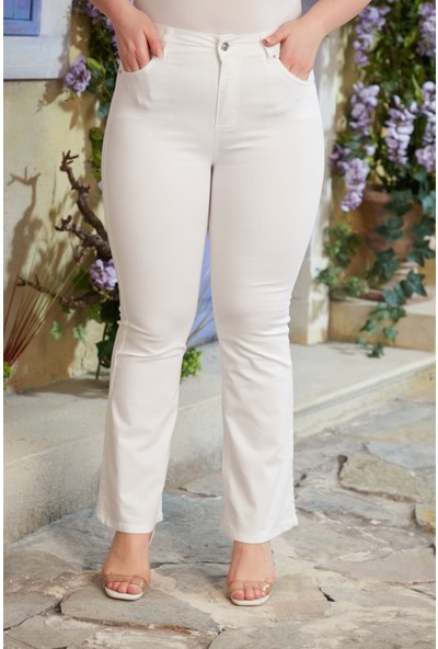 Rmg Ispanyol Paça Büyük Beden Beyaz Pamuk Pantolon Rmg Ispanyol Paça Büyük Beden Beyaz Pamuk Pantolon