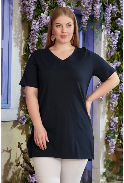 Rmg Yırtmaçlı V Yaka Uzun Büyük Beden Lacivert Tişört