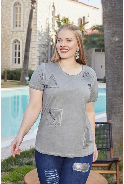 Rmg Geometrik Desenli Taş Işlemeli Füme Büyük Beden Tişört