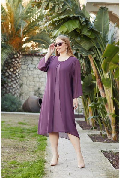 Rmg Kol Tül Detaylı Büyük Beden Leylak Elbise