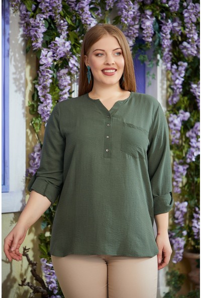 Rmg Hakim Yaka Haki Büyük Beden Bluz