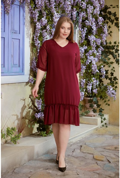 Rmg Kol ve Etek Tül Detaylı Büyük Beden Violet Elbise