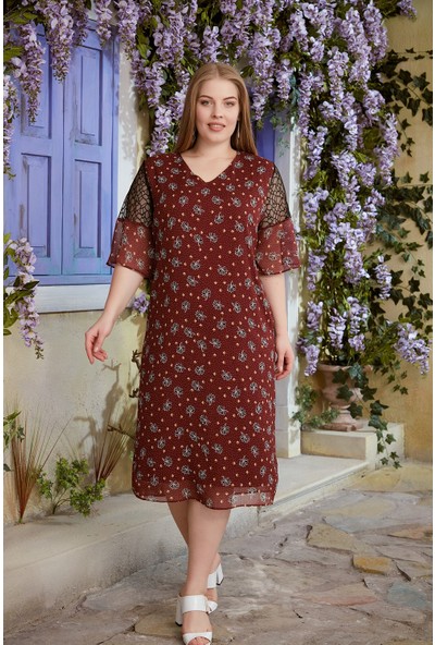 Rmg Kol Detaylı Çiçek Desenli Büyük Beden Bordo Elbise