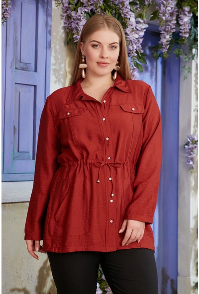 Rmg Bel Bağcık Detaylı Büyük Beden Kiremit Keten Ceket