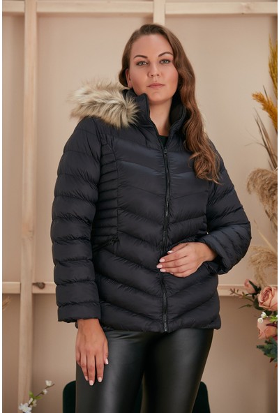 Rmg Kapşonu Kürklü Büyük Beden Siyah Kapitone Mont