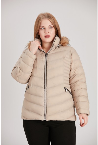 Rmg Kapşonu Kürklü Büyük Beden Vizon Kapitone Mont