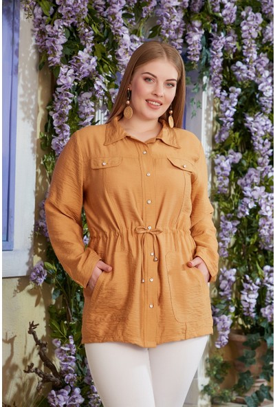 Rmg Bel Bağcık Detaylı Büyük Beden Hardal Keten Ceket