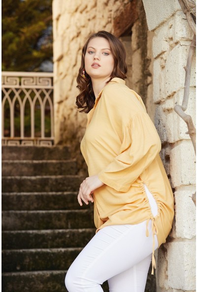 Rmg Yanları Büzgülü Büyük Beden Hardal Gömlek