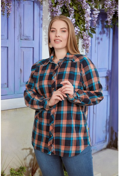 Rmg Ekose Büyük Beden Petrol Pamuk Gömlek