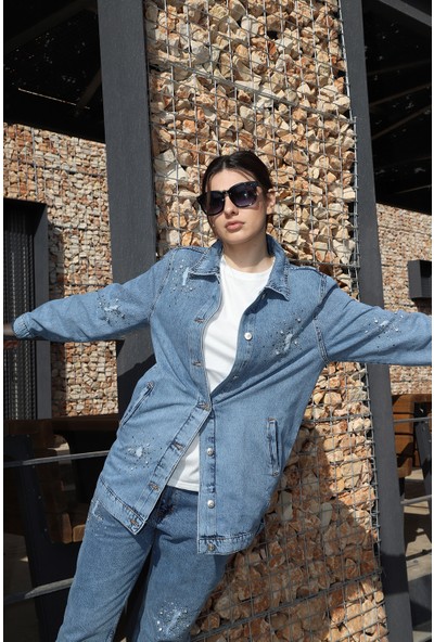 Z Giyim Kadın Mavi Taşlı Cepli Kot Ceket