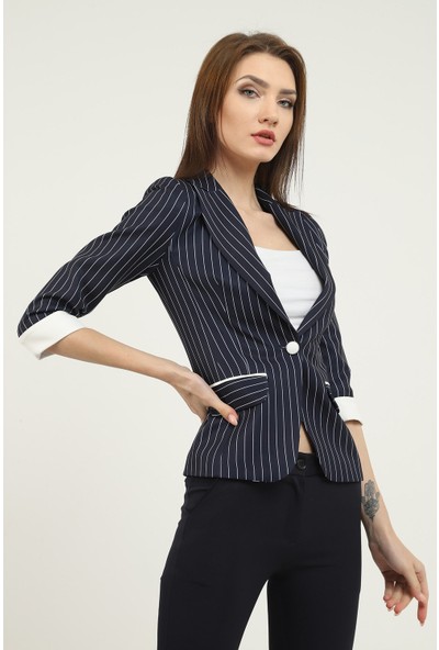 Kadın Lacivert Çizgili Blazer Ceket Kadın Lacivert Çizgili Blazer Ceket