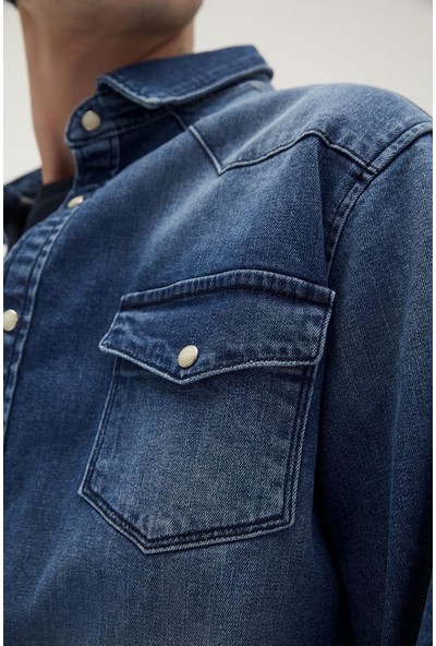 Bad Bear 21.02.72.001_Flynn Normal Kalıp Düz Mavi Erkek Denim Gömlek