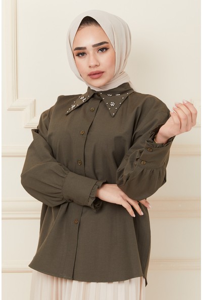 İmaj Butik Yaka Boncuk Detaylı Tesettür Gömlek haki İmaj Butik Yaka Boncuk Detaylı Tesettür Gömlek haki