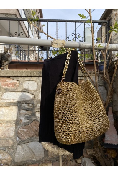 El Örgüsü Altın Hasır Omuz Çantası