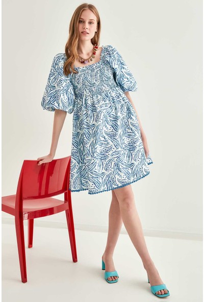 Vitrin Balon Kol Beden Gipeli Desenli Elbise