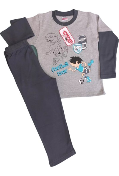 Desenli Uzun Kolu Erkek Çocuk Pijama Takımı, 3 Yaş, Gri