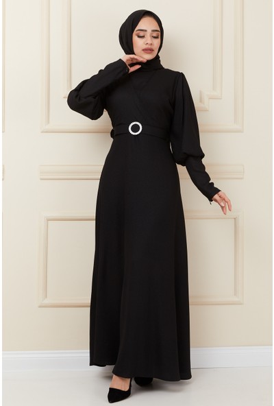 İmaj Butik Balon Kol Taş Kemer Detaylı Tesettür Abiye Siyah