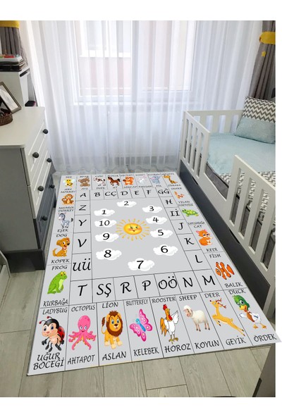 STY Home Ingilizce Öğretici Çocuk Kaymaz Tabanlı Makinede Yıkanabilir Halı Kilim Yolluk Gri STY Home Ingilizce Öğretici Çocuk Kaymaz Tabanlı Makinede Yıkanabilir Halı Kilim Yolluk Gri