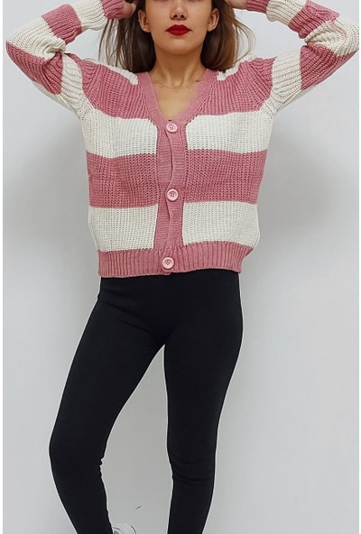 3 Düğmeli Hırka Pembe-Krem