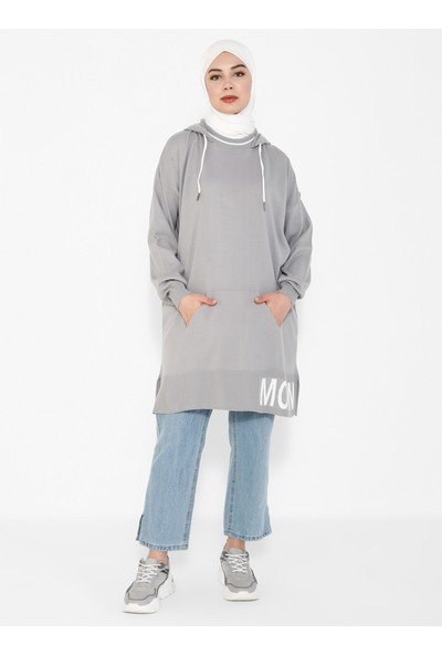 Kapüşonlu Kanguru Cepli Triko Hırka - Gri - Tavin Kapüşonlu Kanguru Cepli Triko Hırka - Gri - Tavin