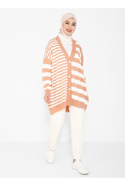Arkası Uzun Çizgili Triko Hırka - Kayısı - Tavin