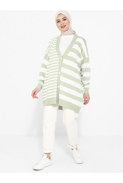 Tavin Arkası Uzun Çizgili Triko Hırka - Çağla - Tavin Tavin Arkası Uzun Çizgili Triko Hırka - Çağla - Tavin