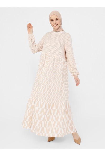 Benin Balon Kol Geometrik Desenli Viskon Elbise - Bej - Benin