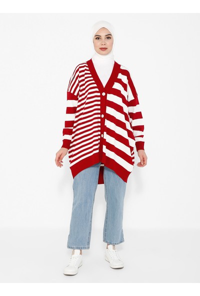 Tavin Arkası Uzun Çizgili Triko Hırka - Kırmızı - Tavin Tavin Arkası Uzun Çizgili Triko Hırka - Kırmızı - Tavin
