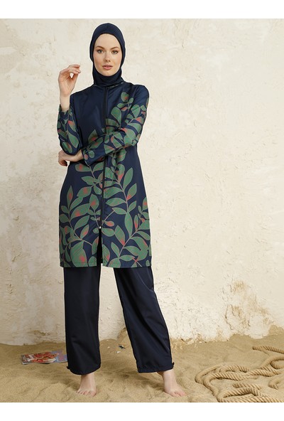 Mayo Bella Desenli Tam Kapalı Mayo - Lacivert Yeşil - Mayo Bella