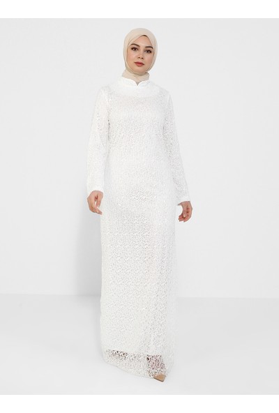 Tavin Payet Detaylı Abiye Elbise - Beyaz - Tavin