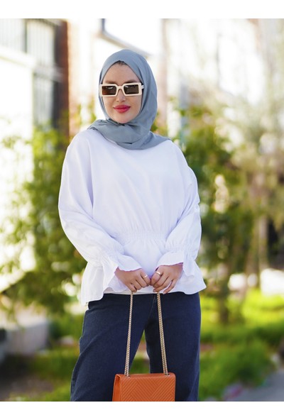 Por La Cara Beli ve Manşeti Bizgü Lastikli Bluz Gömlek - Beyaz - Por La Cara