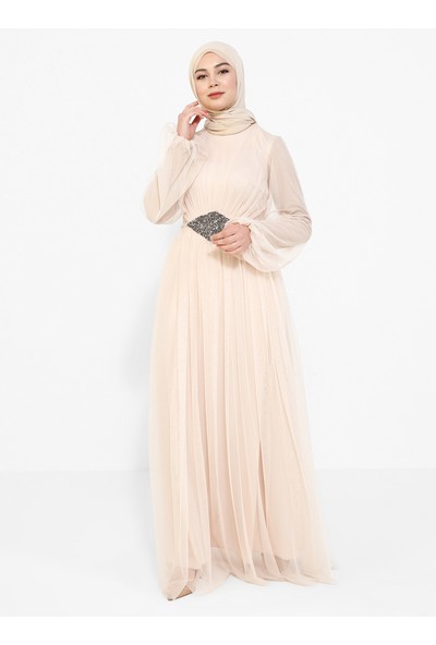 Tavin Beli Taş Detaylı Tüllü Abiye Elbise - Bej - Tavin