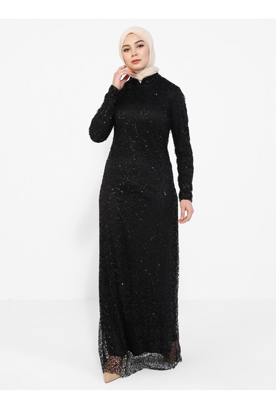 Tavin Payet Detaylı Abiye Elbise - Siyah - Tavin