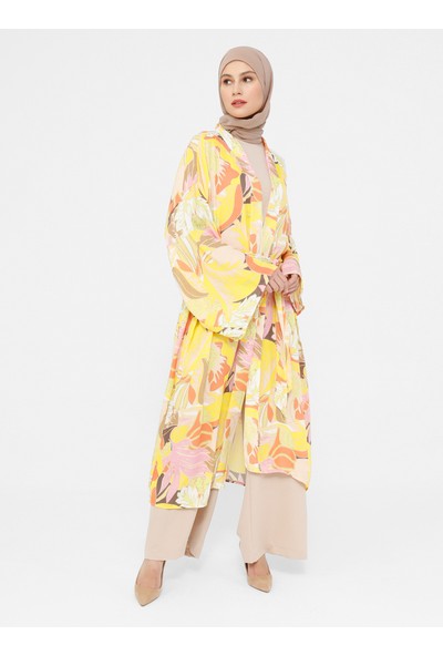 Refka Kuşak Detaylı Desenli Saten Kimono - Sarı Turuncu - Refka Woman Refka Kuşak Detaylı Desenli Saten Kimono - Sarı Turuncu - Refka Woman
