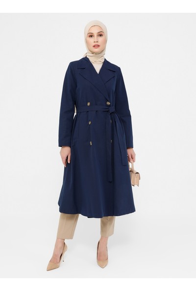 Refka Pamuk Kumaşlı Kuşaklı Trençkot - Lacivert - Refka Woman