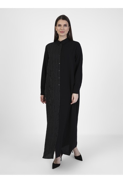 Alia Büyük Beden Viskon Kumaşlı Çizgili Elbise - Siyah - Alia