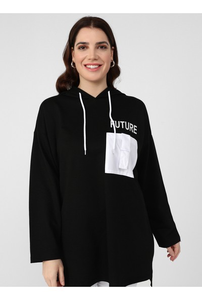 Alia Büyük Beden Kapüşonlu Cep Detaylı Tunik - Siyah - Alia