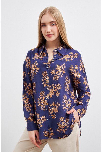 Gusto Çiçek Desenli Viskon Gömlek - Saks