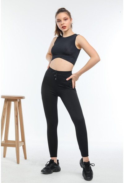 Double.tt Kadın Bel Bağlamalı Siyah Eşofman Altı W-039