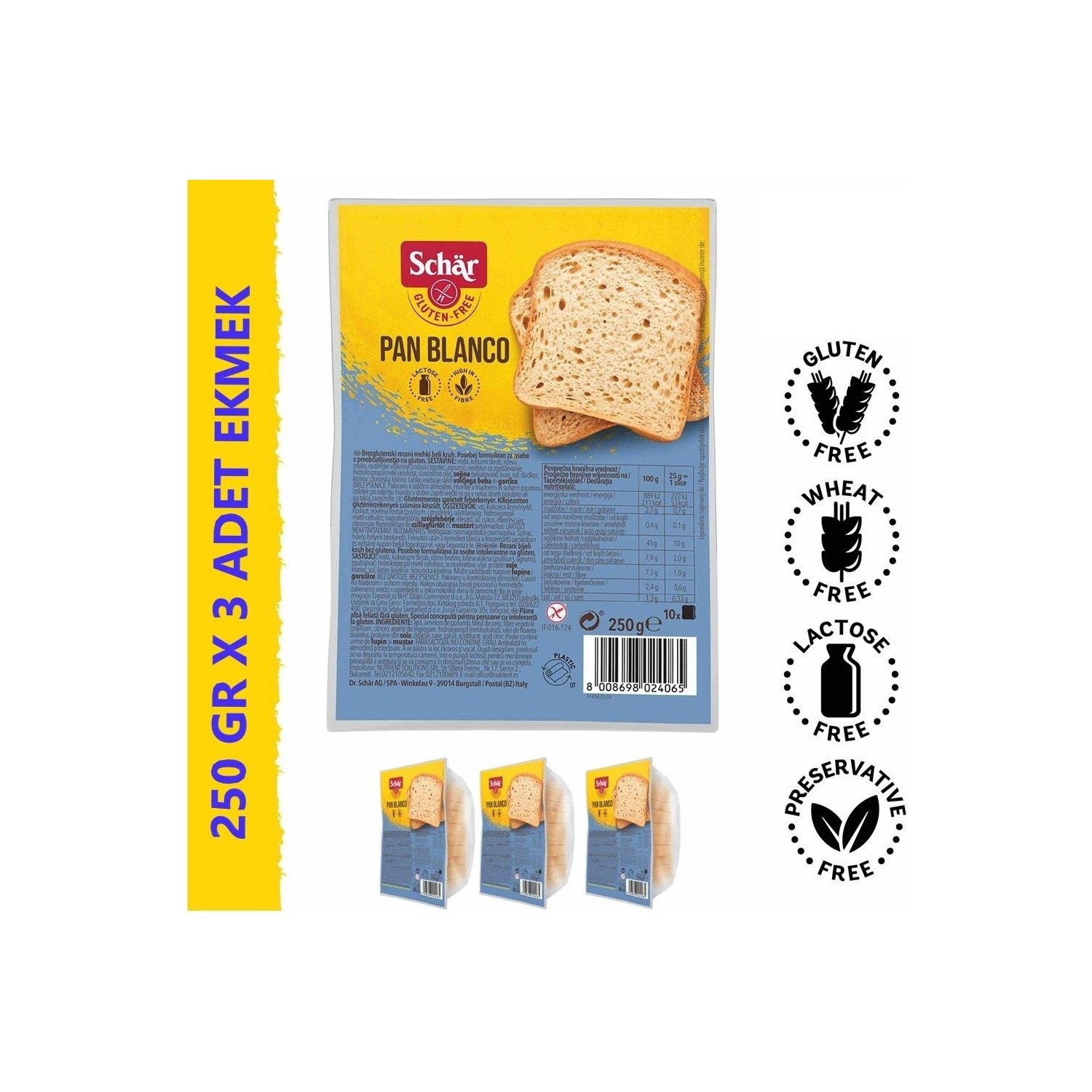 Schar Pan Blanco Glutensiz Dilimli Ekmek 250 gr x 3 Fiyatı