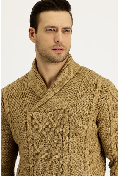Şal Yaka Regular Fit Desenli Yünlü Triko Kazak