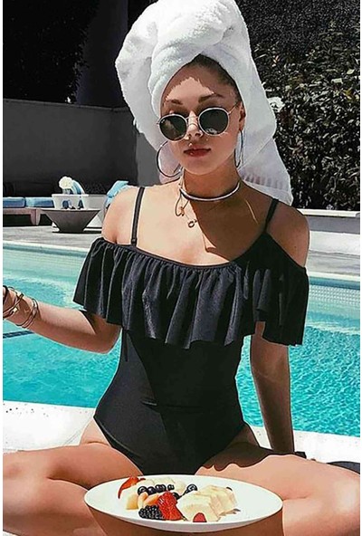 Perla Siyah Fırfır Detaylı Mayo