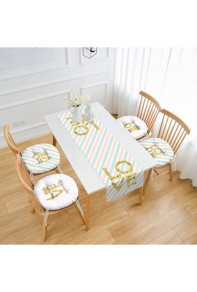 Renkli Çizgi Zeminli Love Temalı Özel Tasarım 4 Yuvarlak Pofidik Sandalye Minderi ve 1 Runner Seti