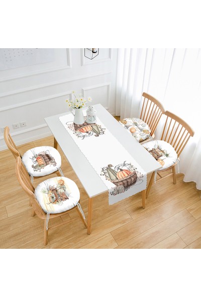 Sonbahar Temalı Kabak Motifli 4 Yuvarlak Pofidik Sandalye Minderi ve 1 Runner Seti