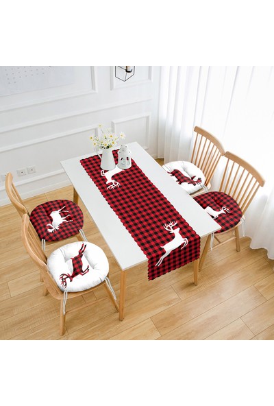 Kırmızı Ekoseli Geyik Tasarımlı 4 Yuvarlak Pofidik Sandalye Minderi ve 1 Runner Seti